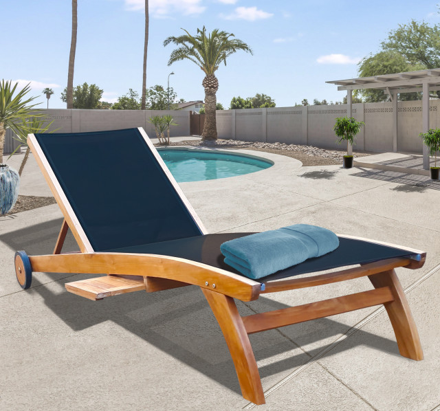 Teak Wood Bahama Pool Lounger With Batyline Mesh, Black - Transitional ...