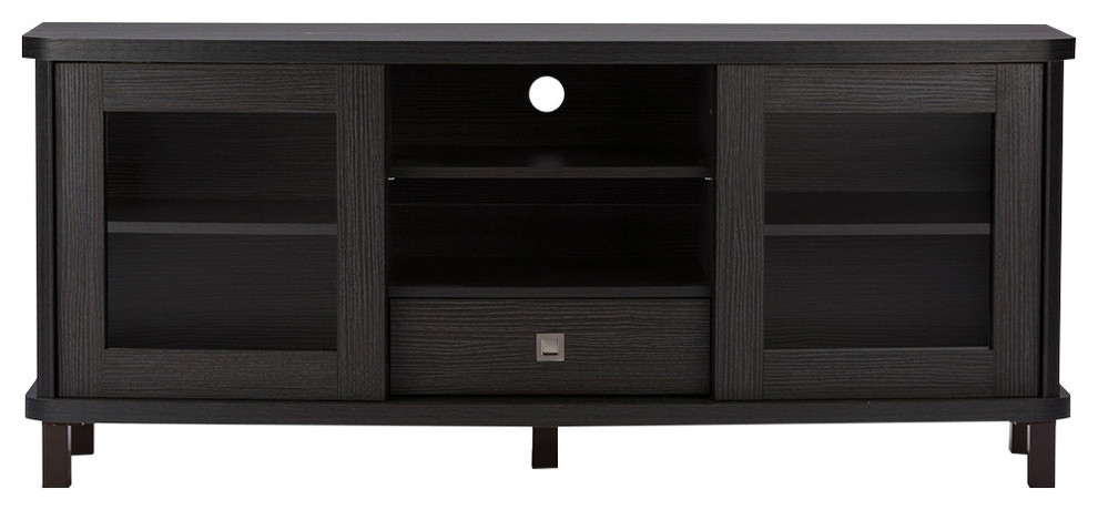 Walda Dark Brown Wood TV Cabinet With 2 Sliding Doors and 1 Drawer, 60 ...