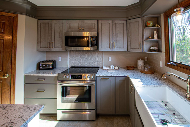 2 Tone Gray Kitchen with Quartz Countertop and Crackle Tile Backsplash ...