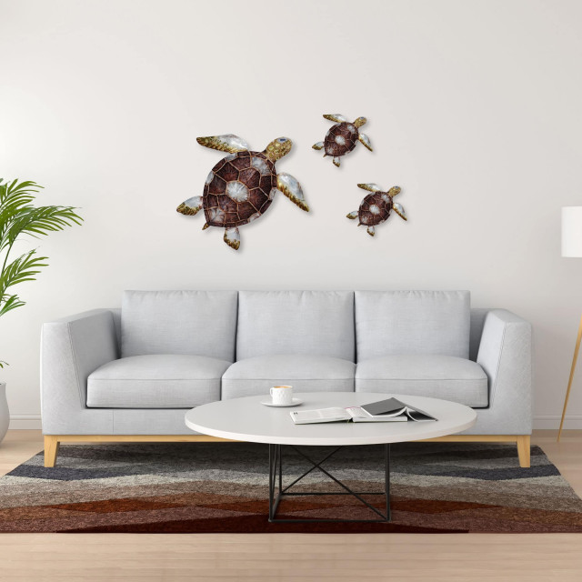 Sea Turtle Wall Decor With Brown Checkered Shell - Beach Style - Metal ...