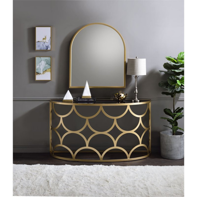 ACME Altus Half Moon Glass Top Console Table with Metal Base in Gold ...
