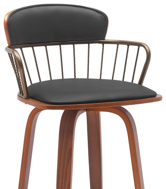 Willow 25.5" Swivel Walnut Wood Counter Stool, Black Faux Leather ...