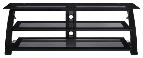 Modern V-Shaped TV Stand with Smoked Glass Shelves and Black Metal ...