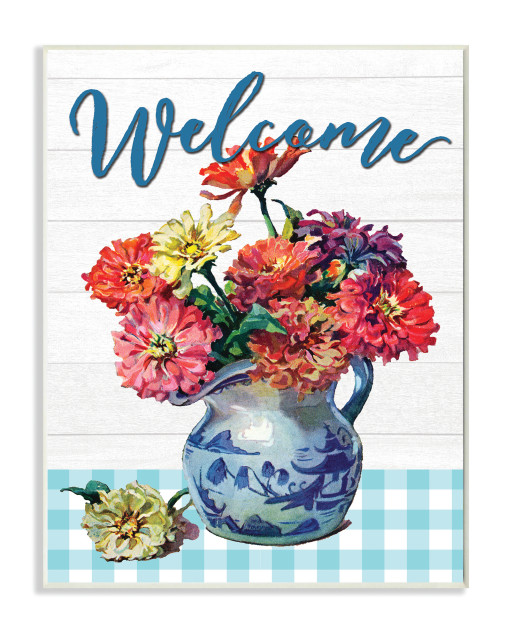 Welcome Flower Pot Blue Plaid Rustic Word Design, 10"x15 ...