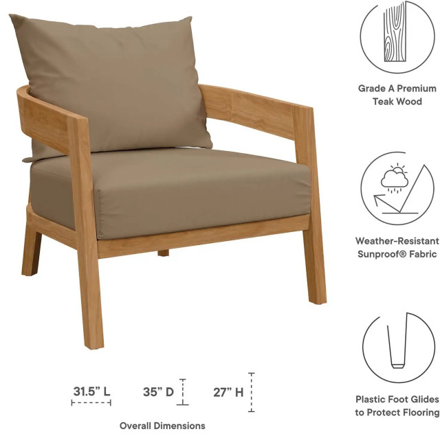 Patio Lounge Chair, Natural Teak Wood Frame & Comfortable Cushions ...