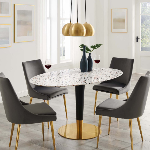 60" Dining Table, Oval, White Gold, Metal, Modern Cafe Bistro ...