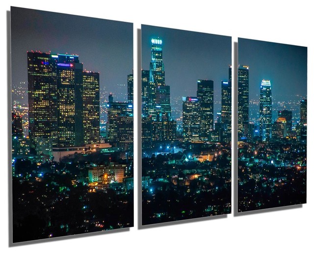 Los Angeles Skyline at Night DTLA, 3-Panel Metal Print Wall Art, 48"x24" - Contemporary - Metal ...