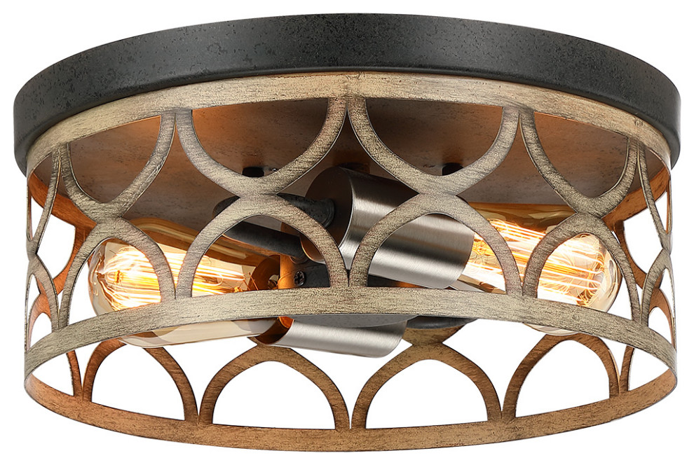 12" W 2-Light Bronze and Wood Tone Flush Mount Ceiling Light ...