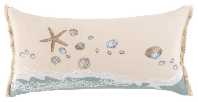 Sand & Shells Fringed Indoor Cotton Lumbar Throw Pillow - Beach Style - Decorative Pillows - by ...