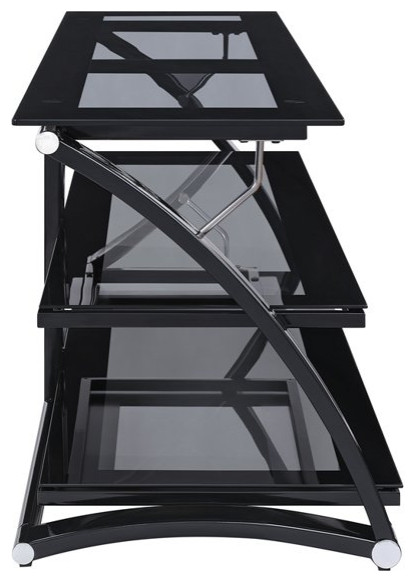 Modern V-Shaped TV Stand with Smoked Glass Shelves and Black Metal ...