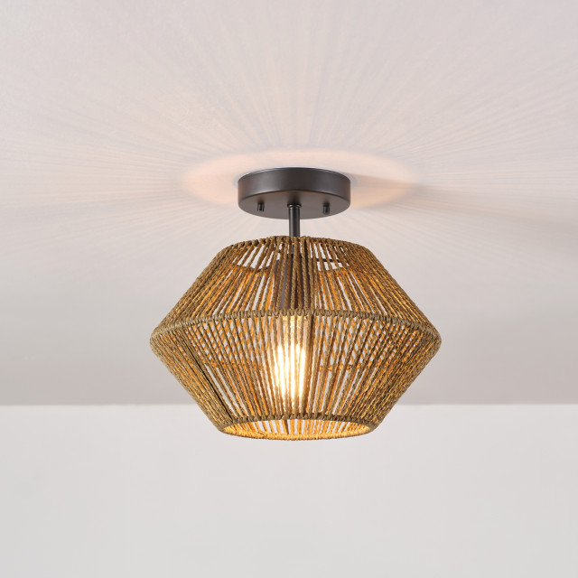 Terra 1-Light Matte Black Flush Mount Ceiling Light with Natural Twine ...