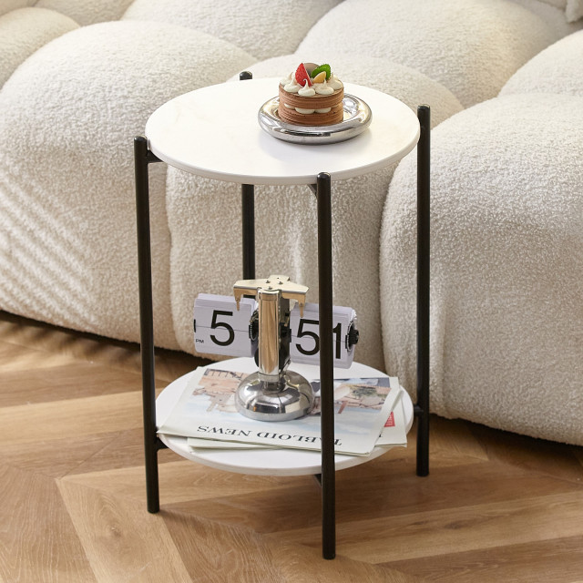 2-Layer End Table With Whole Marble Tabletop White & Black - Midcentury ...