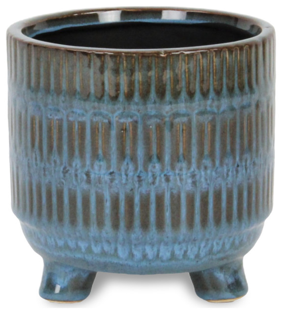 Blue Ceramic Pot with Raised Pattern - Contemporary - Outdoor Pots And ...