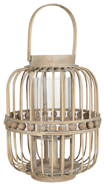 Round Wood Lantern with Top Handle and Beads Design Natural Brown ...