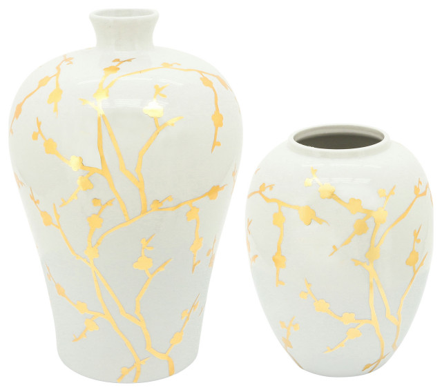 Cer 10"h, Vase W/ Gold Decal, White - Asian - Vases - by Beyond Design ...