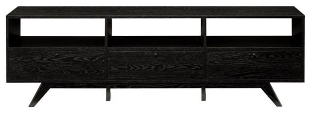 70" MCM Wood TV Stand with 3 Closed Storage and Open Storage - Black ...
