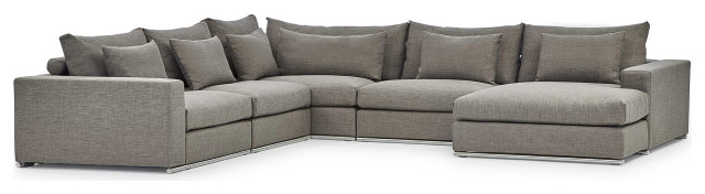 Soriano Wooden Arm Right Chaise U Shaped Sectional in Gray Fabric ...