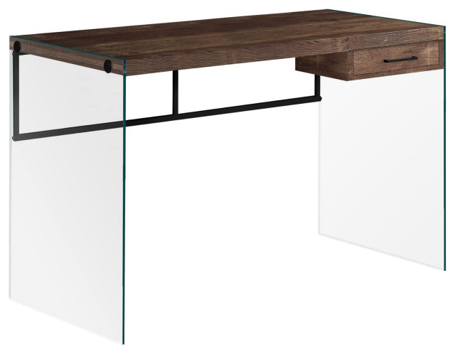 Modern Desk, Clear Tempered Glass Legs With Brown Reclaimed Wooden Top ...