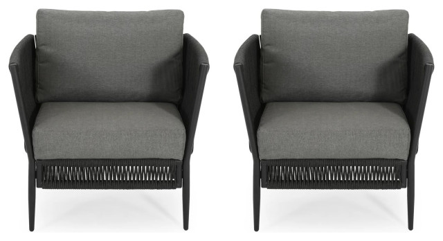 Set of 2 Outdoor Rope Club Chairs, Black Aluminum Frame, Gray Seats ...