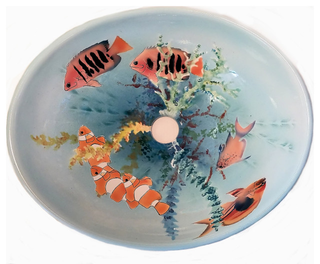 Tropical Vessel Sink with Accent Trim Tile for a Mirror Frame - Beach ...