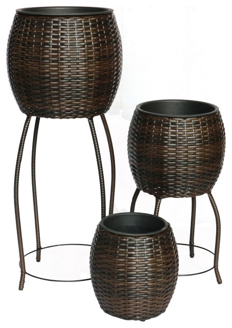 Plutus Brands Planter Set Of Three, Brown Polyurethane - Tropical ...