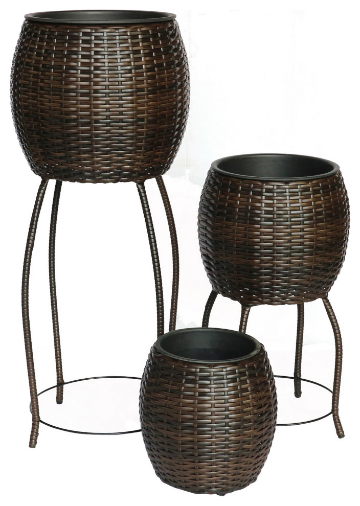 Plutus Brands Planter Set Of Three, Brown Polyurethane - Tropical ...