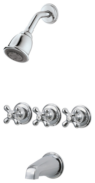 3 Handle Tub and Shower Faucet Trim With Metal Cross Handles, Polished ...