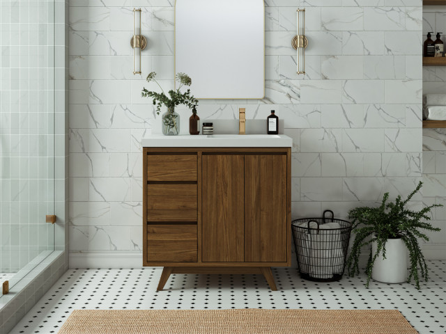 Madison Teak 36" Right Offset Bath Vanity in Dark Natural 2" Calacatta ...