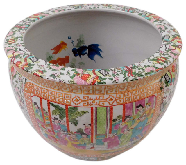 Rose Medallion Planter Fishbowl with Koi Fish 12 in - Asian - Outdoor ...