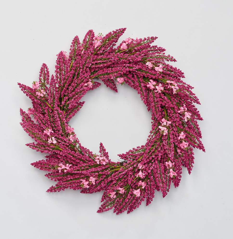 22" Heather Wreath With Pink Flowers On Natural Twig Base - Modern ...