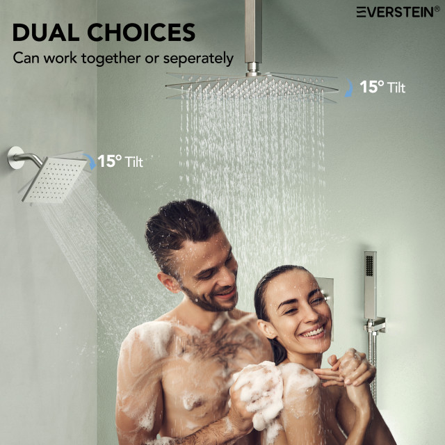 Dual Heads 12" Rain High Pressure Shower System w/ 3 Way Thermostatic ...