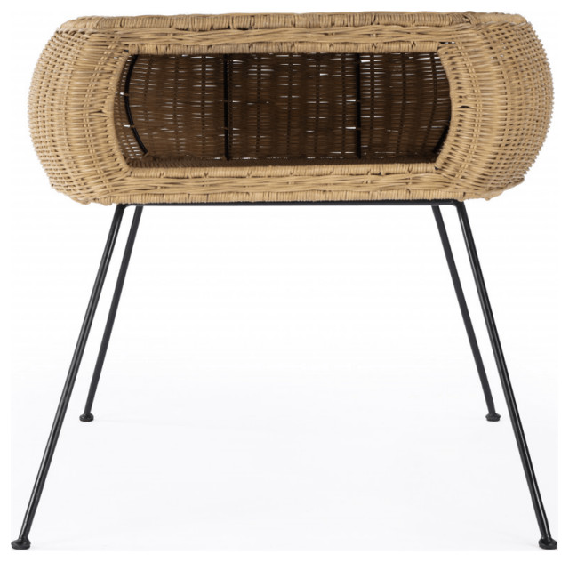 24" Natural Brown Rattan and Black End Table With Shelf - Tropical ...
