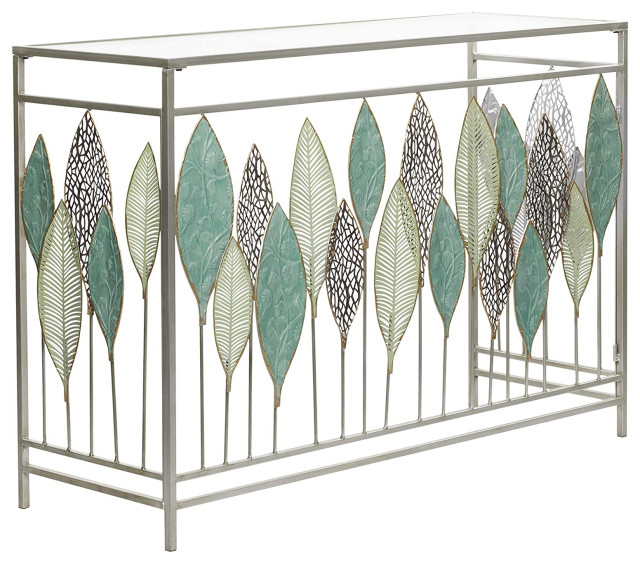 Contemporary Console Table, Unique Leaves Design With Rectangular Glass ...