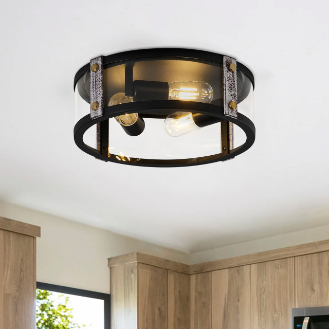 Farmhouse Matte Black 3-Light Glass Flush Mount Ceiling Light ...