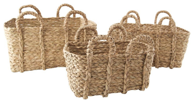Set of Three Jumbo Rectangular Braided Rush Baskets - Natural ...
