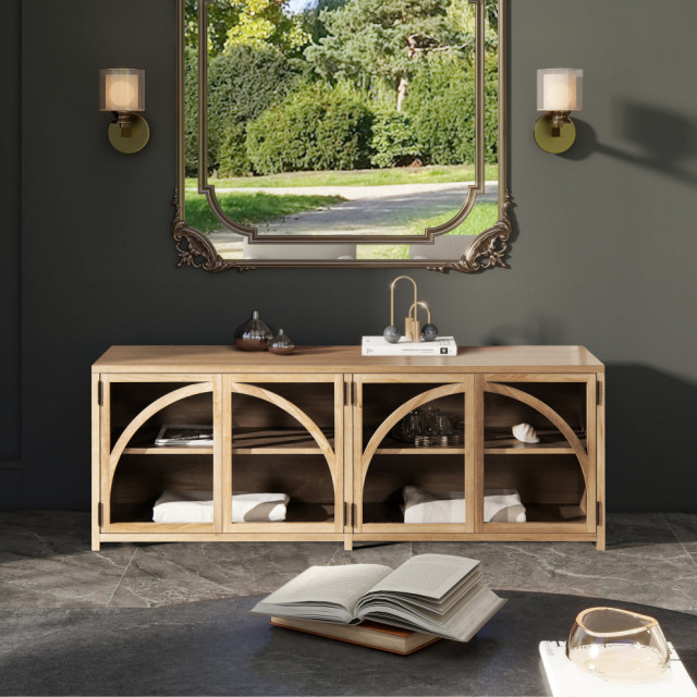 Oliver 65" Arched Door Open-Shelf Display Cabinet, Natural Brown ...