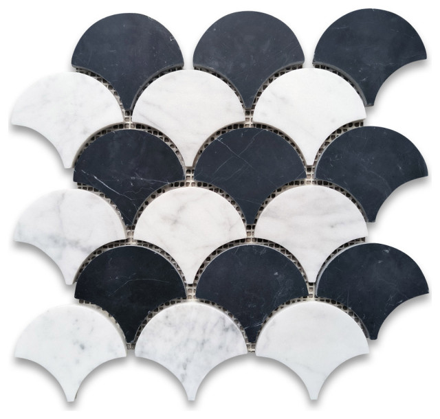 Carrara White Nero Marquina Black Marble Fish Scale Fan Mosaic Tile, 1 ...