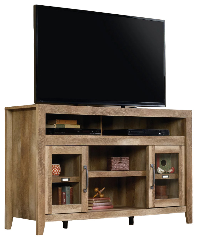 Rustic TV Stand with Open Shelves and Doors Featuring ID Label Tags ...