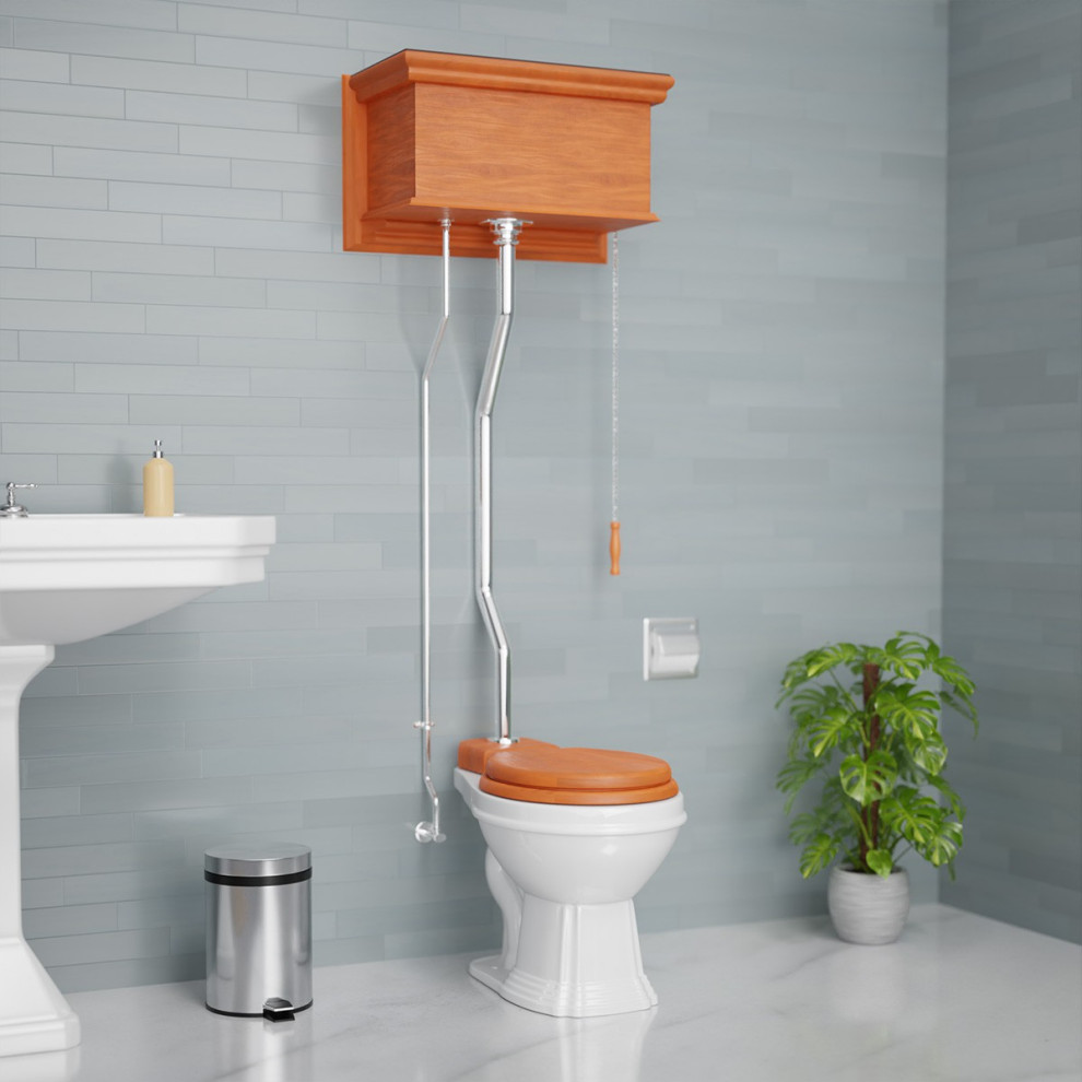 Mahogany High Tank Pull Chain Toilet Flat with Elongated Bowl ...