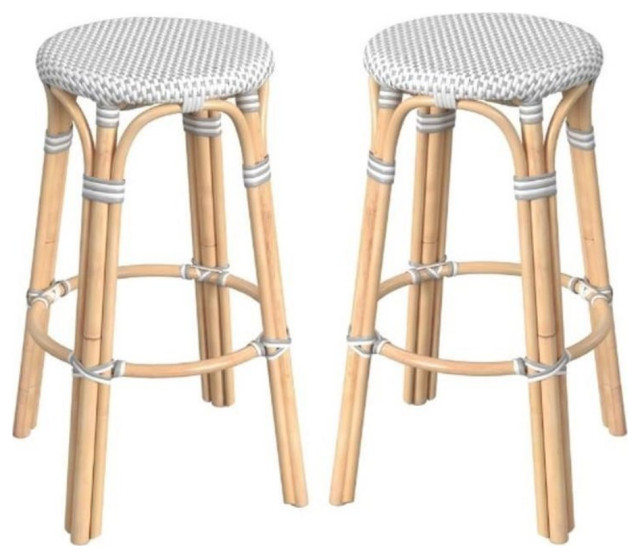 Home Square 30" Round Rattan Bar Stool in White and Gray Dot - Set of 2 ...