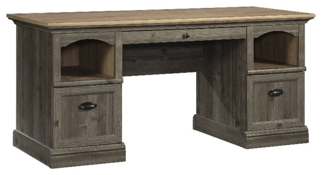 Pemberly Row Contemporary Engineered Wood Executive Desk in Pebble Pine ...