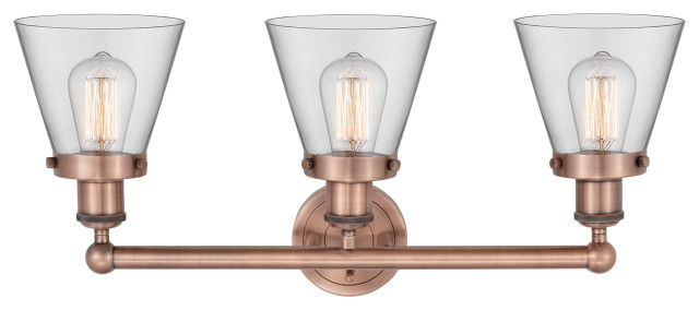 Edison Small Cone 3-Light 25" Bath Vanity Light, Antique Copper Finish ...
