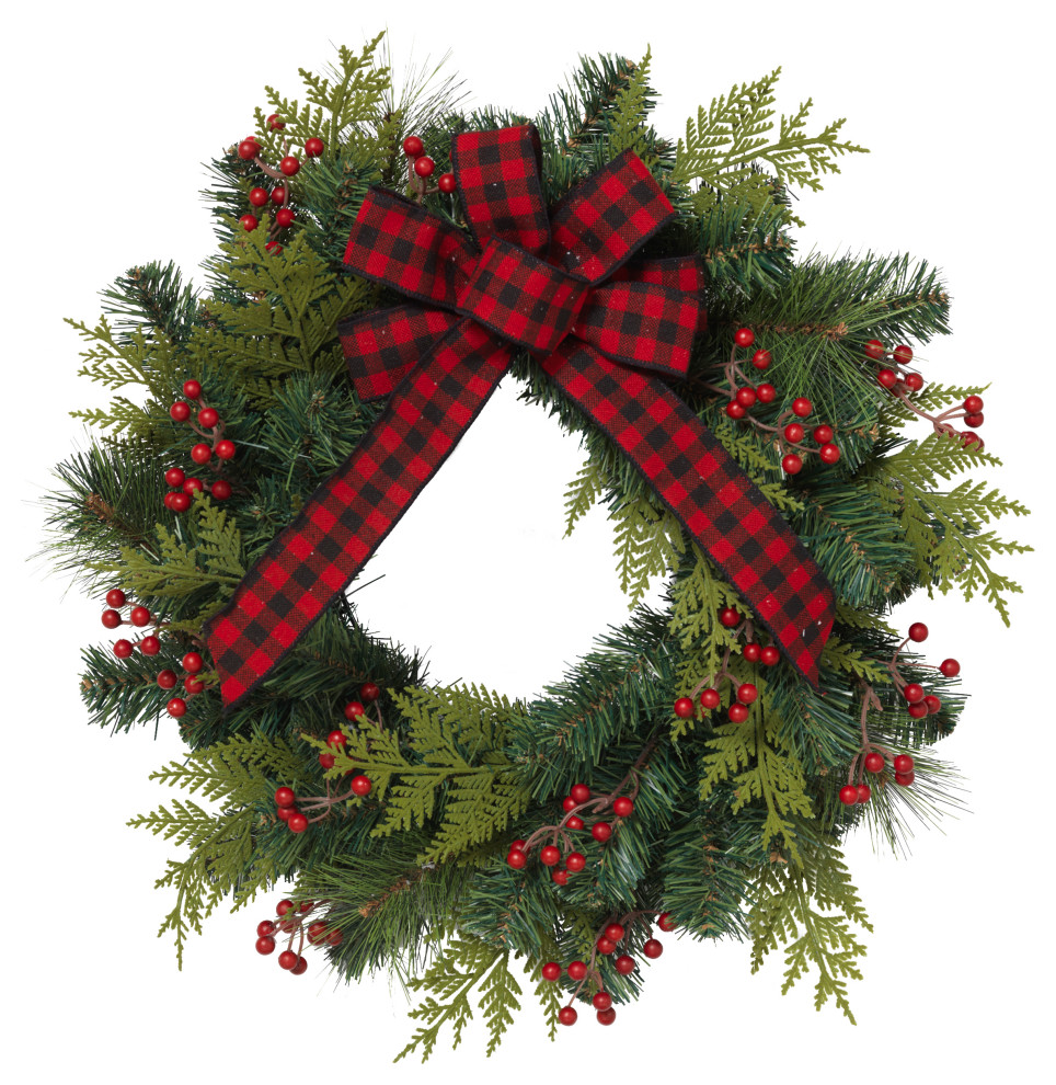 24-in D PVC Pine Wreath w/ Berries & Bow - Rustic - Wreaths And ...