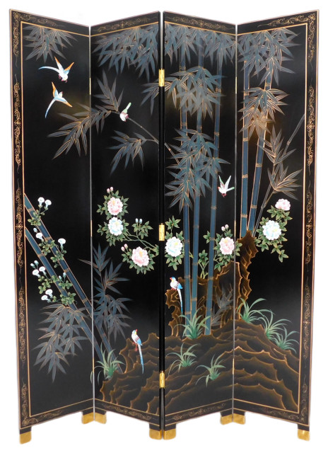 Hand Painted Oriental Bamboo and Floral Landscape Floor Screen, 7 ...