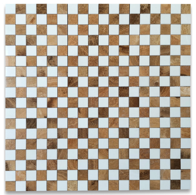 Thassos White Yellow Woodgrain Marble Checkerboard Mosaic Tile Honed, 1 ...