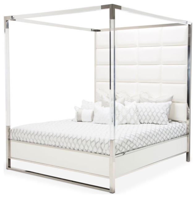 Aico Amini State St E King Metal Canopy Bed in Glossy White, E King ...