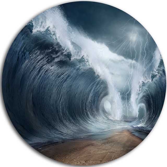 Waves over the Parted Sea Path, Seashore Round Metal Wall Art, Disc of ...