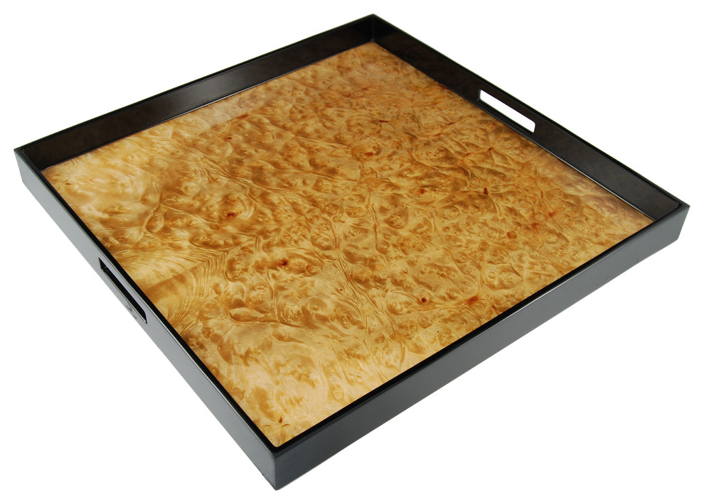 Lacquer Large Square Tray, Walnut Burl Inlay - Contemporary - Serving ...
