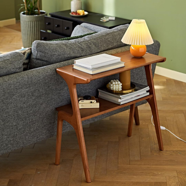 Mid Century Modern Console Table, Rubberwood Top & Open Compartment ...