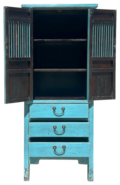 Distressed Aqua Blue Slim Wood Carving Shutter Doors Storage Cabinet ...